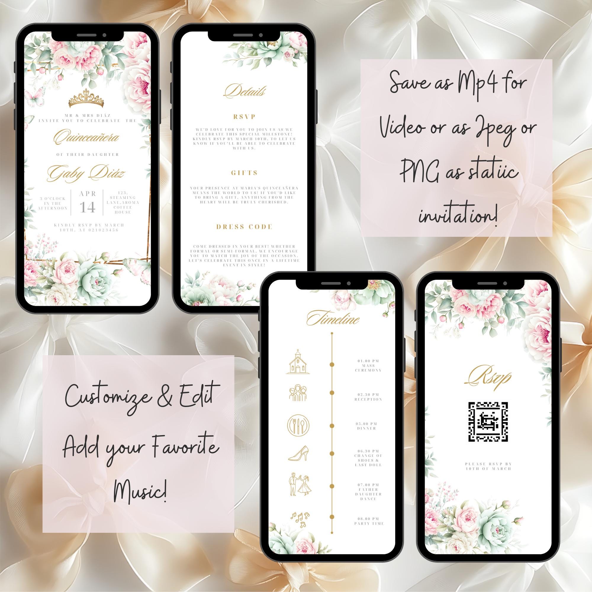 Sage and Pink Quince Invites, Qr Code for Rsvp Quince, Downloadable ...