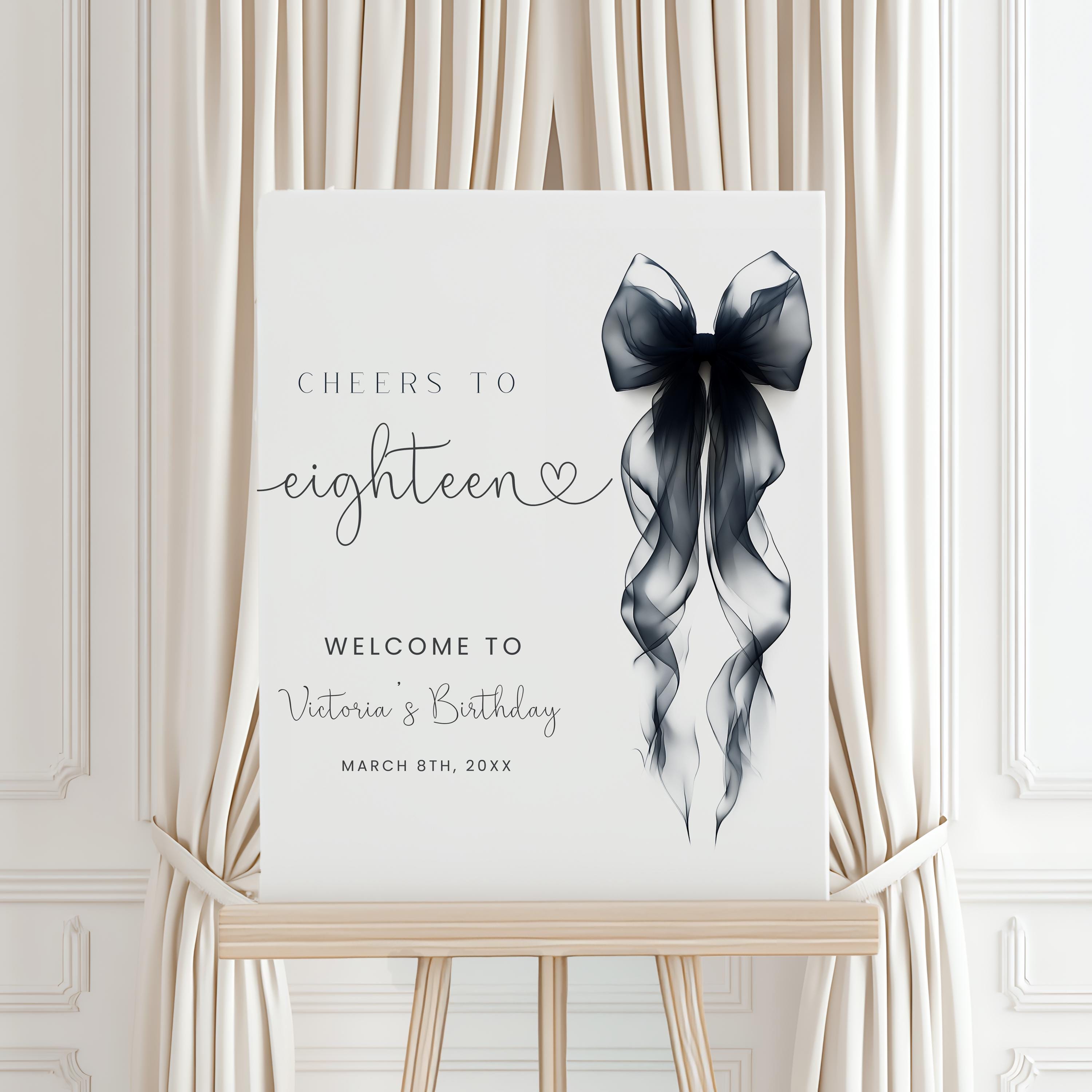 Coquette Birthday, Sign 18th, Welcome Sign, Black Bow Sign, Editable ...