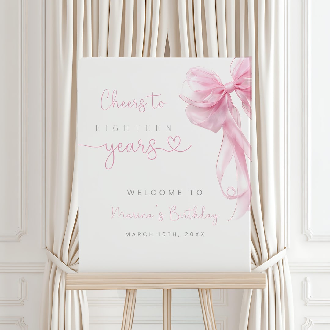 Coquette Birthday Sign 18th, Welcome Sign Pink Bow Sign, Editable ...