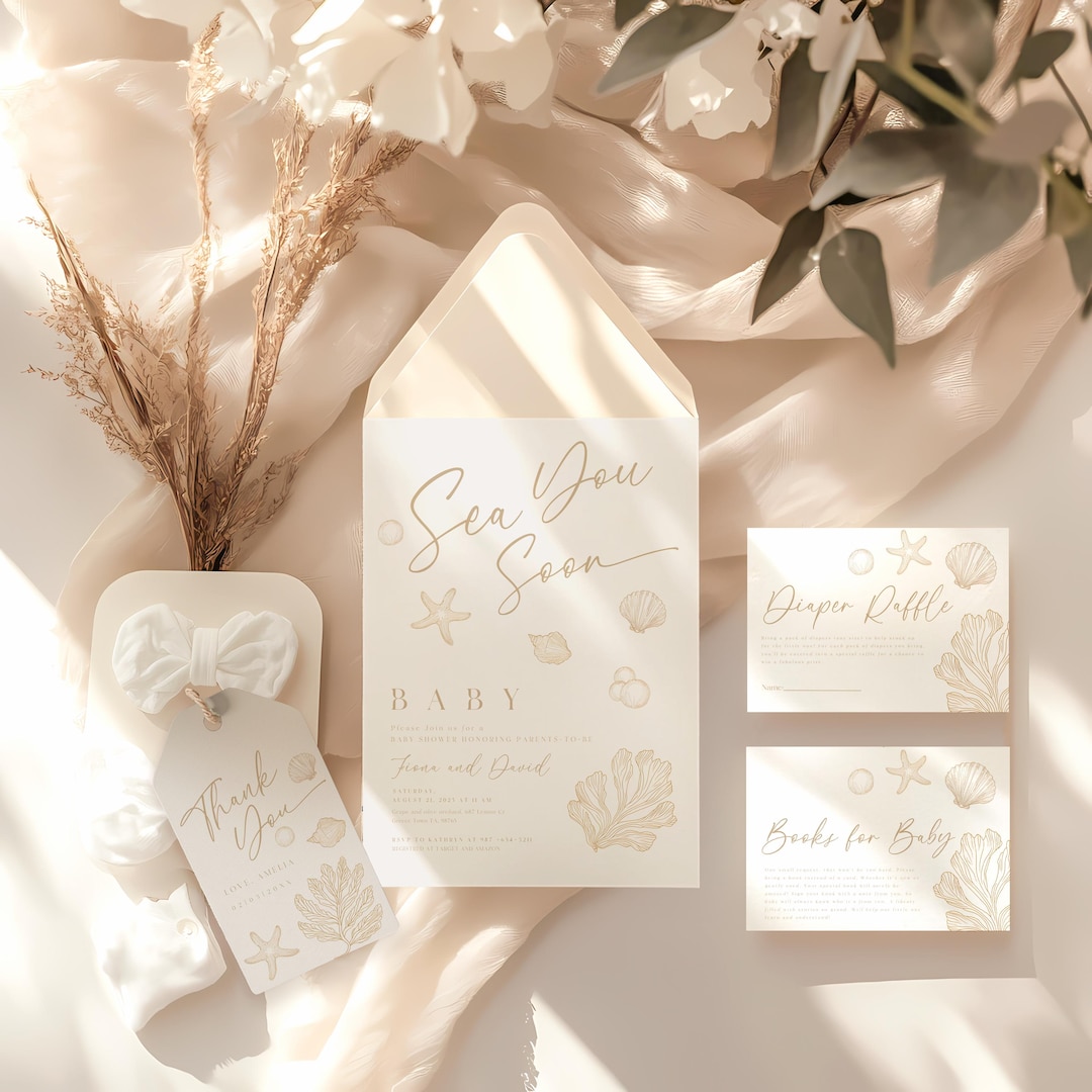 Sea You Soon, Baby Shower, Invite Set, Shell Baby Shower, Beach Babe ...