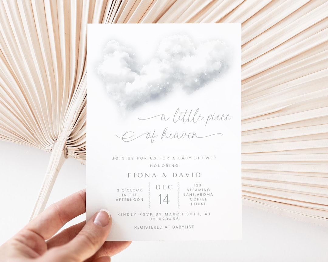 Heaven Sent Baby Shower Invitation, Heaven Baby Shower, Heart Clouds ...