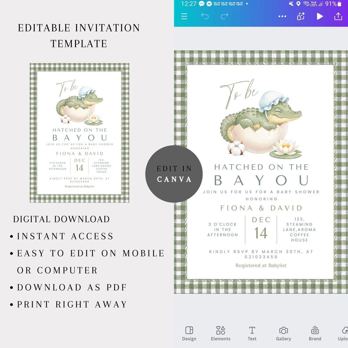 Bayou Baby Shower Invitation, Hatching Soon Invite With Baby Crocodile ...