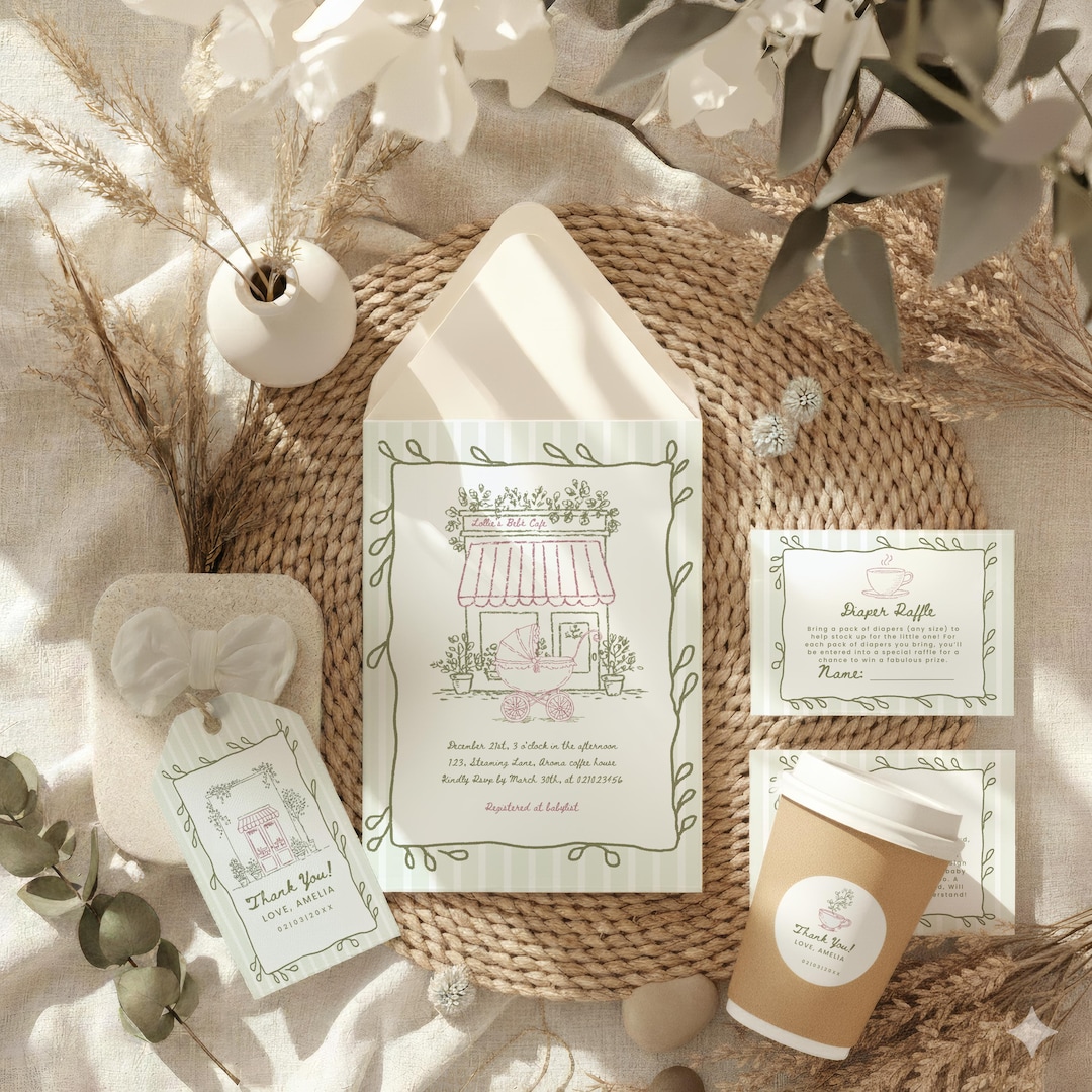 Coffee Shop Baby Shower Invite Set, Cafe Diaper Raffle, Book Request ...