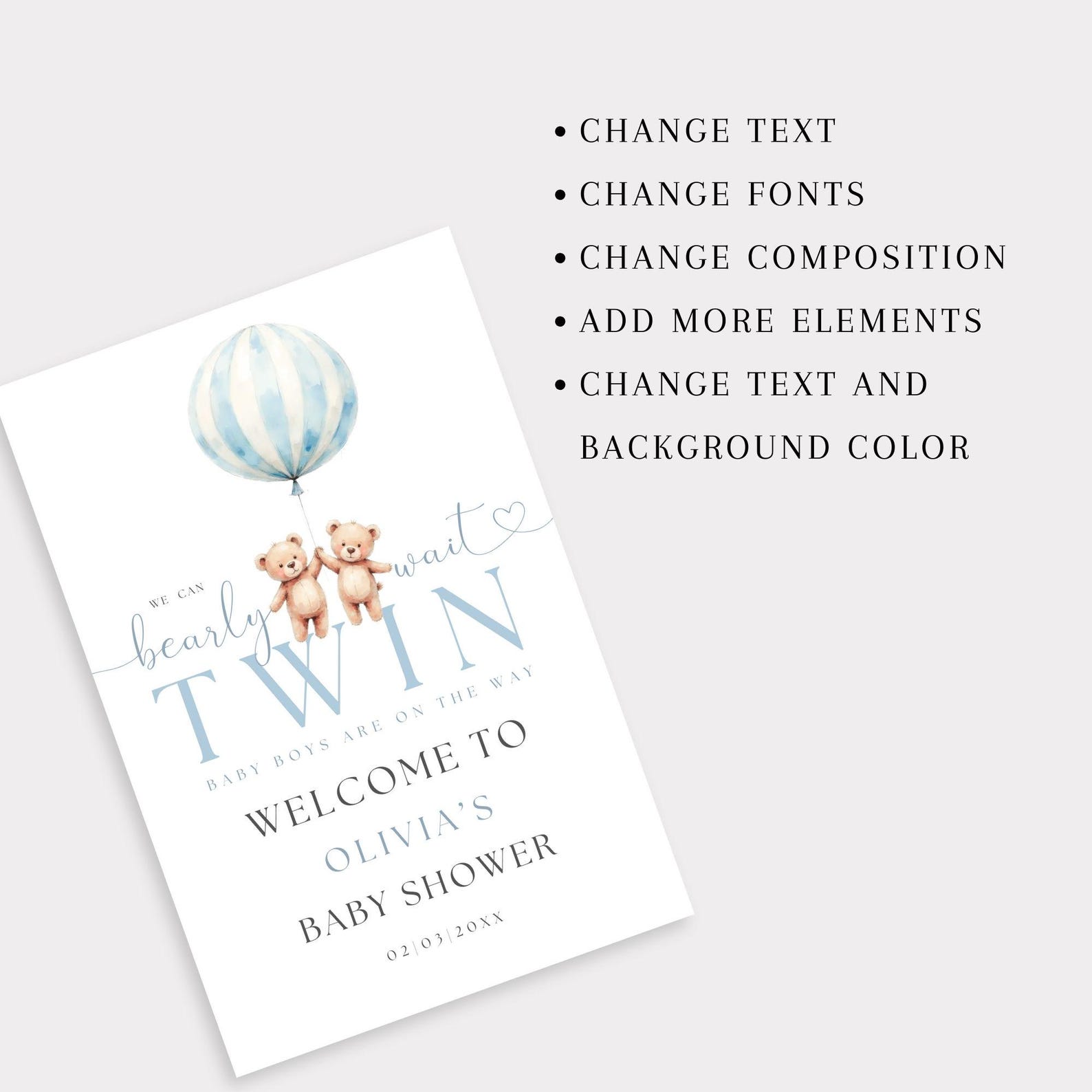 Twin Boys Baby Shower Bears and Balloon Welcome Sign, Editable Template ...