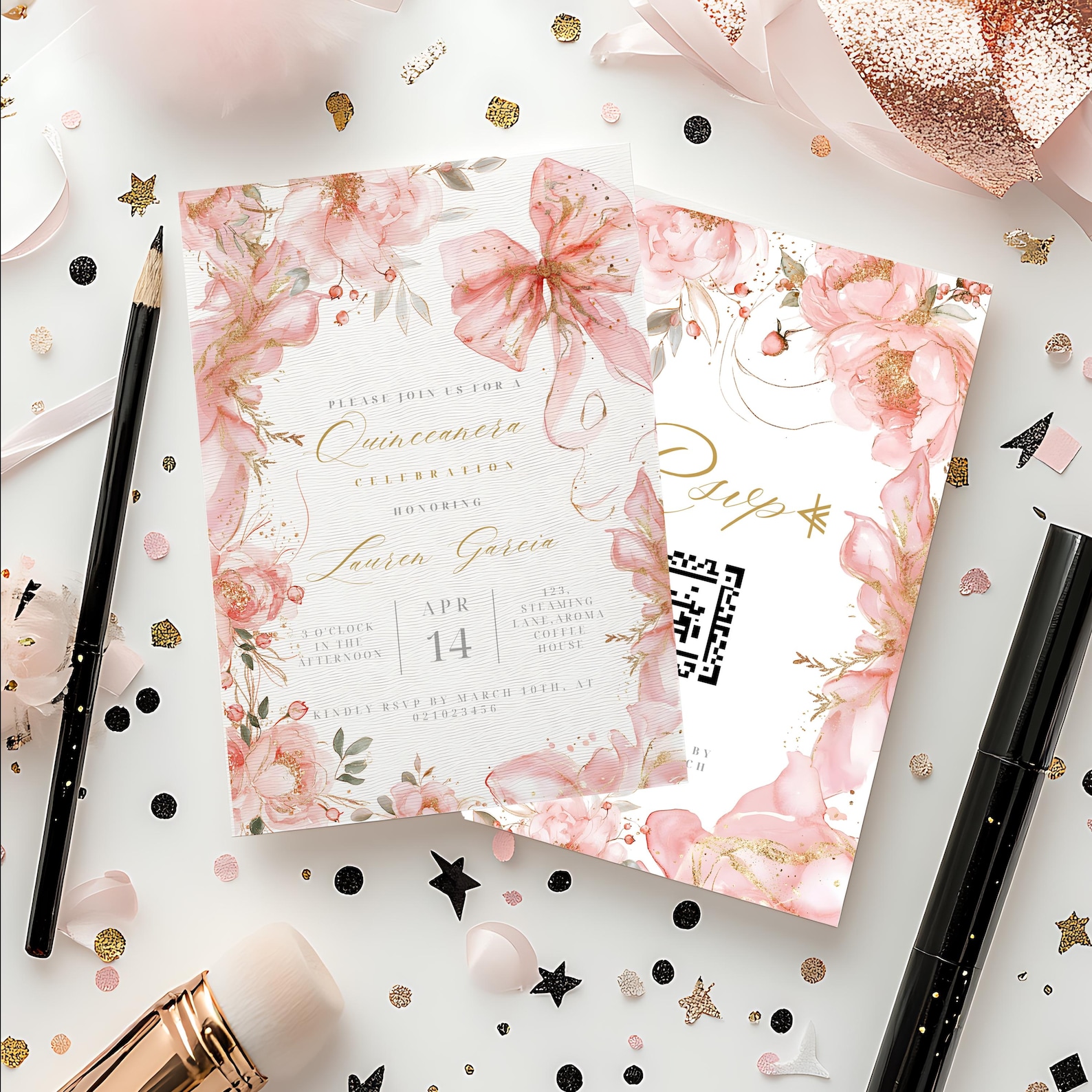 Quince Invitations Bow, Pink Coquette Invite, Girl 15th Birthday, Blush ...