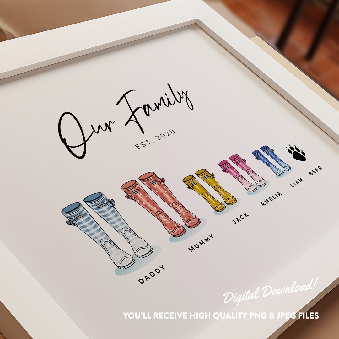 Personalised Family Welly Boot Print, Christmas Gift, Custom Family ...