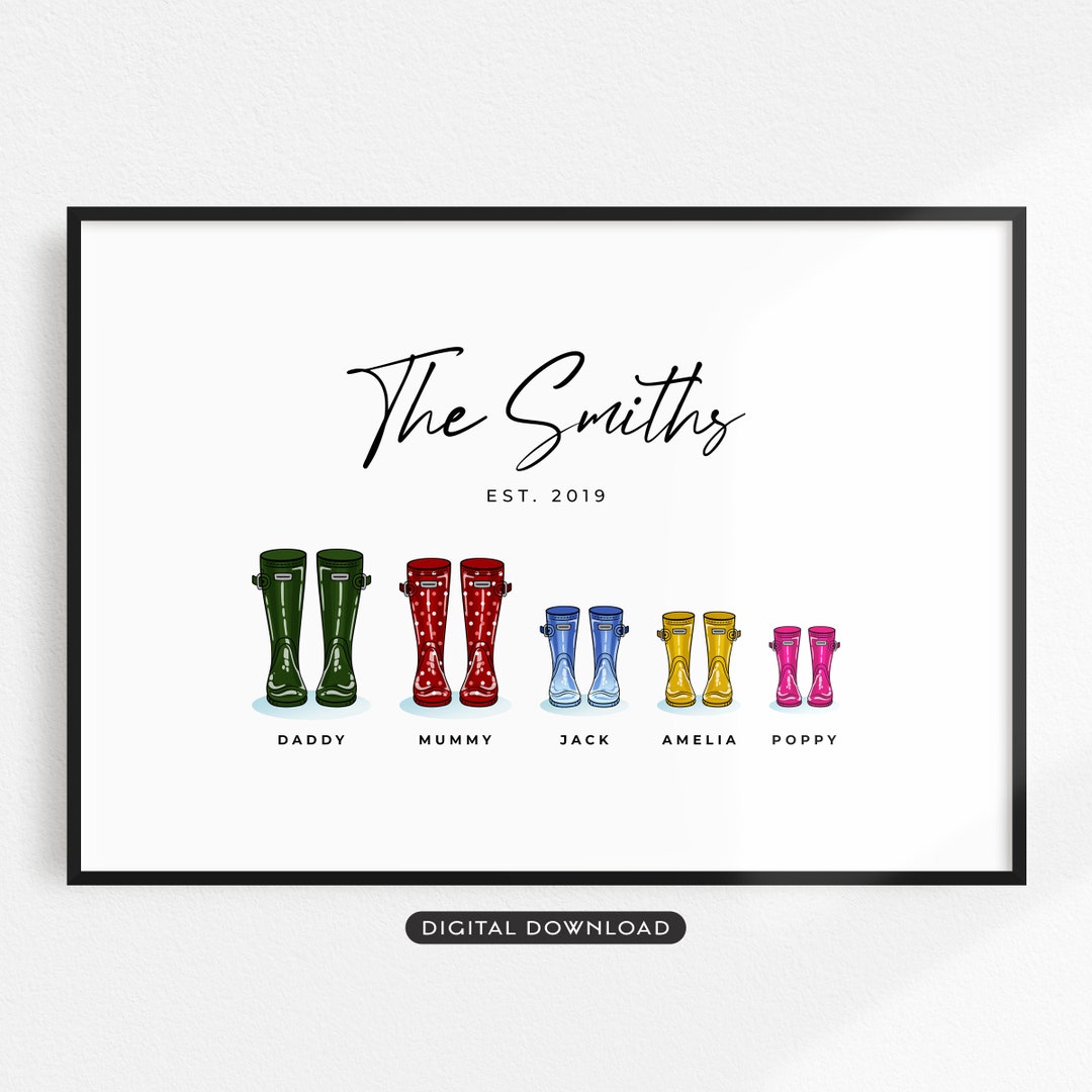 Personalised Family Welly Boot Print, Christmas Gift, Custom Family ...