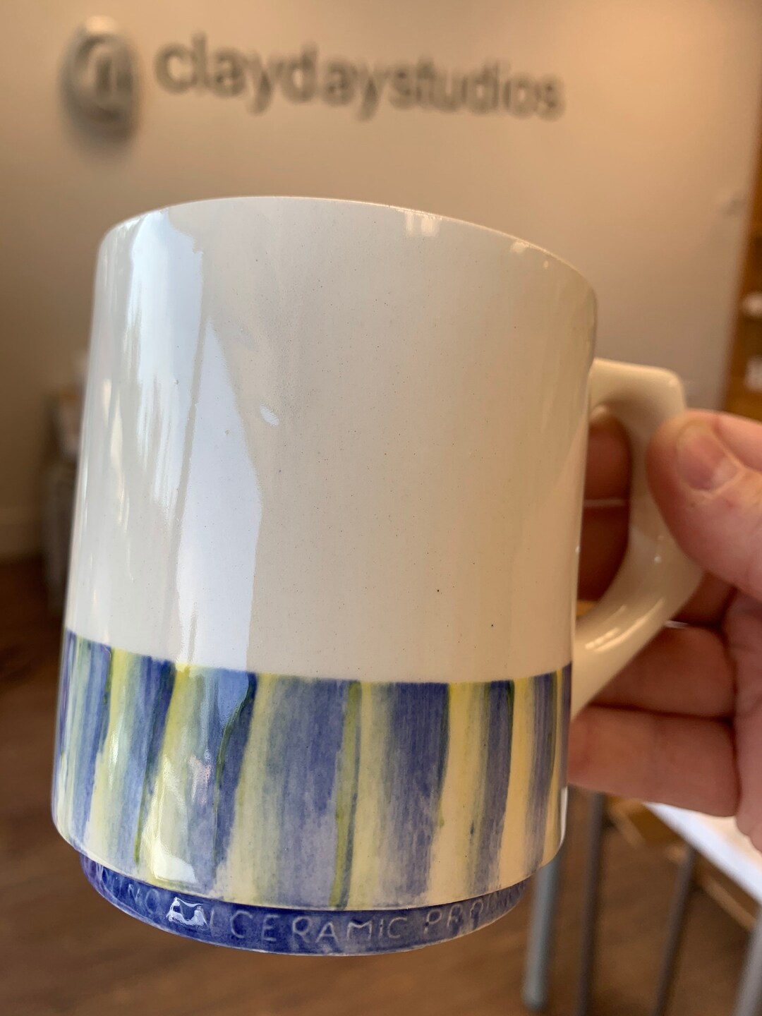 FREE SHIPPING! Set of 2- Handmade Stripe Mugs With Blue and Yellow ...