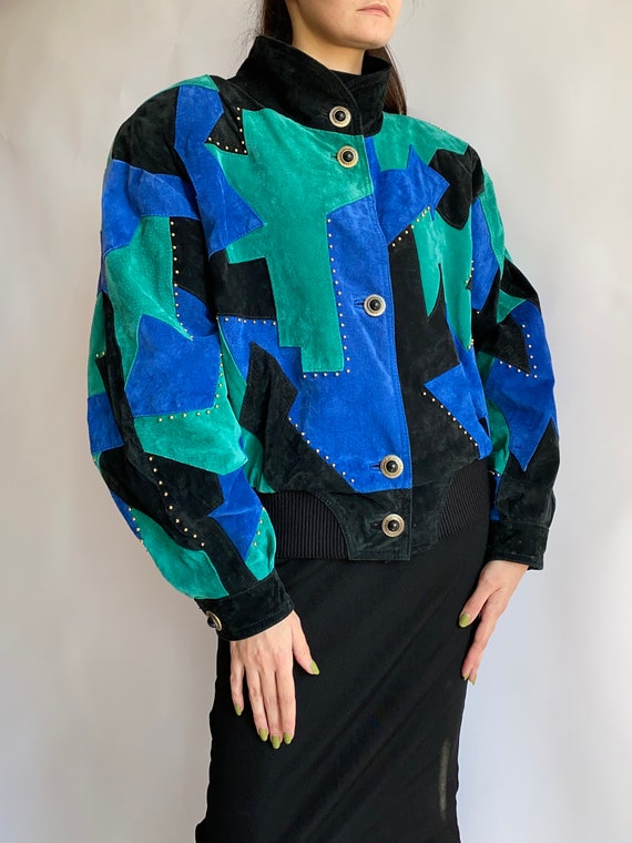 Rare vintage patchwork leather bomber jacket with stu… - Gem