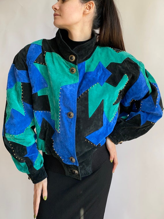 Rare vintage patchwork leather bomber jacket with stu… - Gem