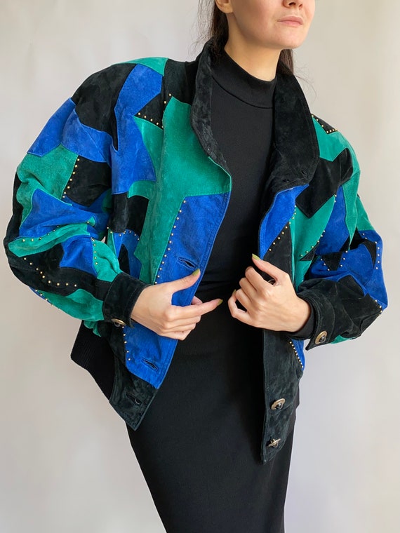 Rare vintage patchwork leather bomber jacket with stu… - Gem