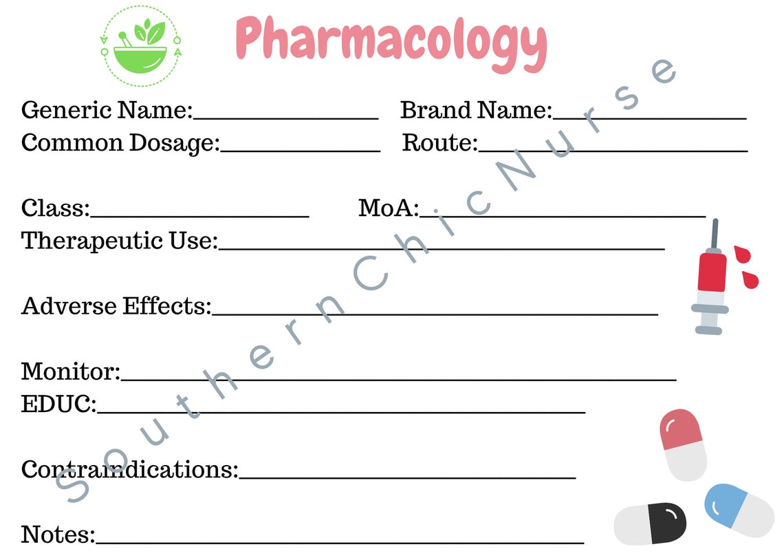 Pharmacology Note Card - Pharmacology Flashcard Template - Etsy