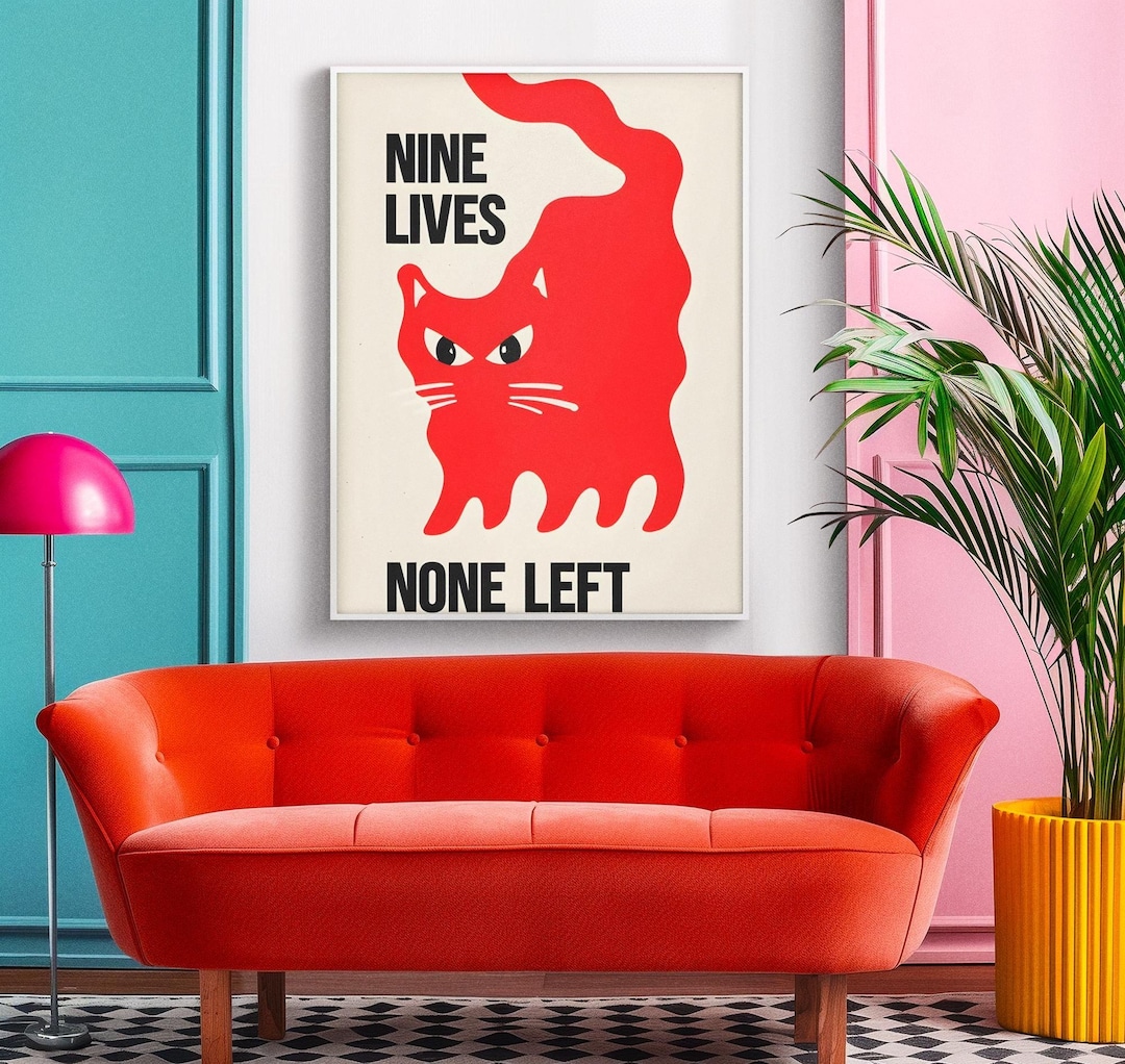 Nine Lives None Left Cat Poster - Funny Framed Wall Art - Minimalistic ...