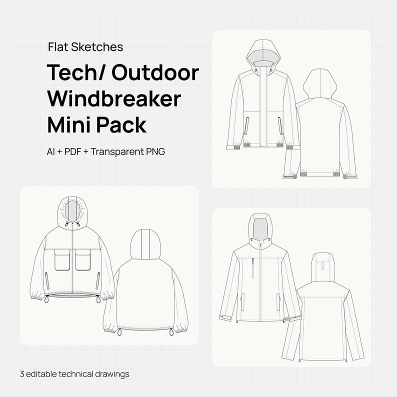 Editable Outdoor Windbreaker Jacket Flat Sketch Bundle - Digital CAD ...