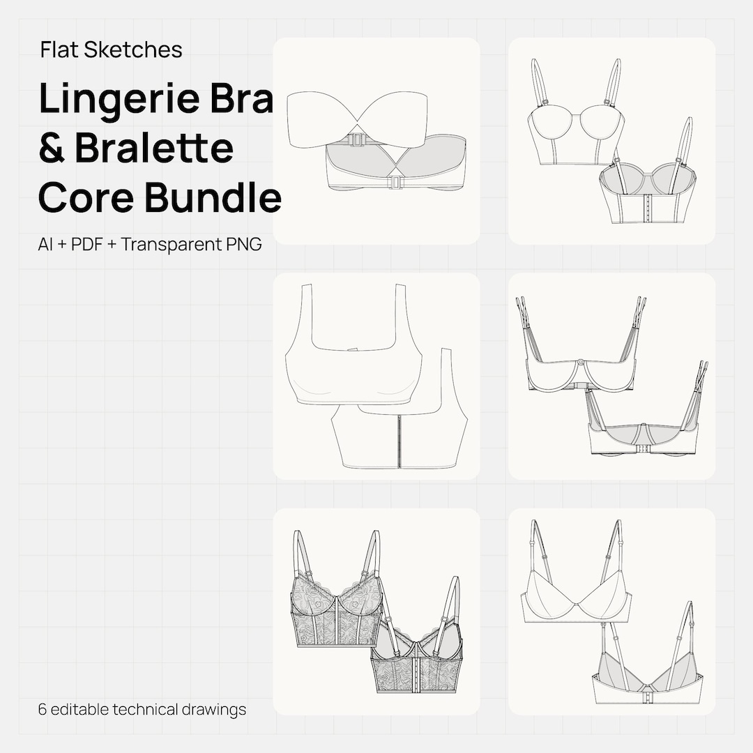 Lingerie Bra & Bralette Technical Flat Sketches | Fashion Tech Pack ...