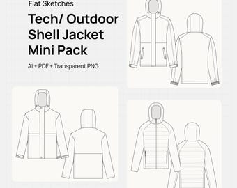 Outdoor Shell Jacket Flat Sketches: Fashion CAD Templates (ai + PDF ...