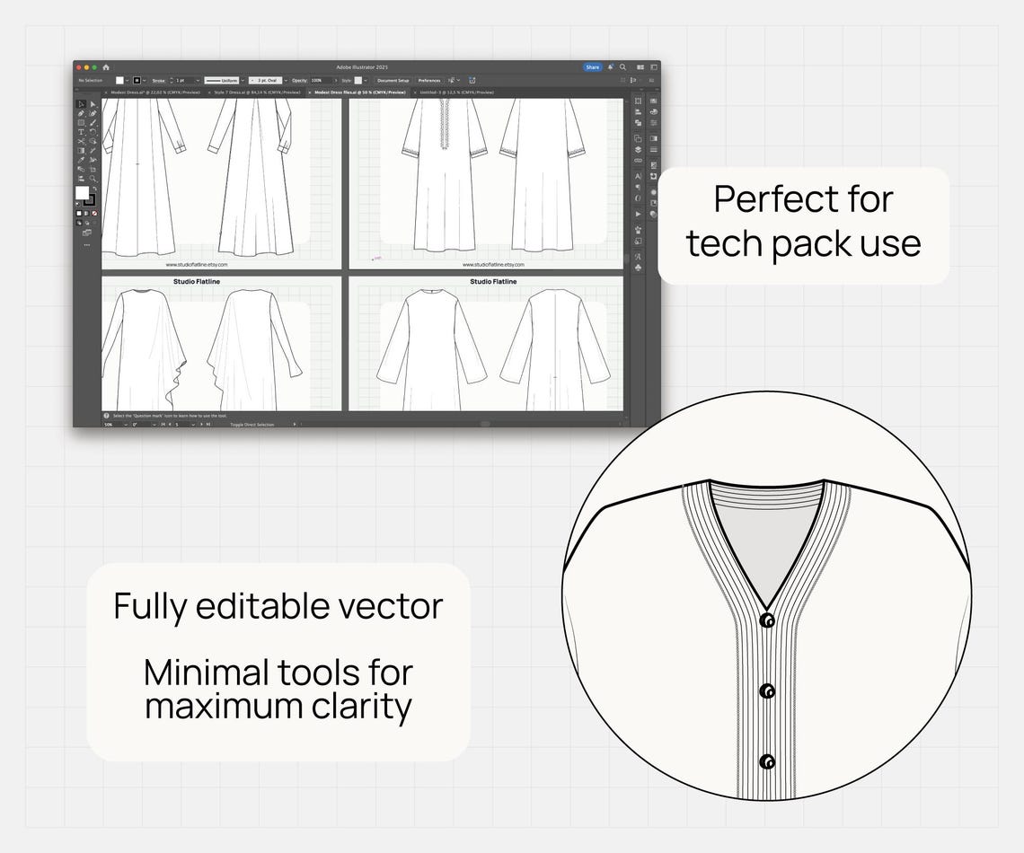 Modest Maxi Dress Fashion Technical Drawing Mockup: Editable Vector CAD ...
