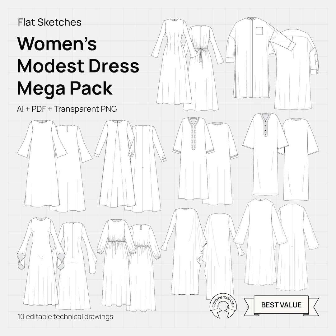Modest Maxi Dress Fashion Technical Drawing Mockup: Editable Vector CAD ...