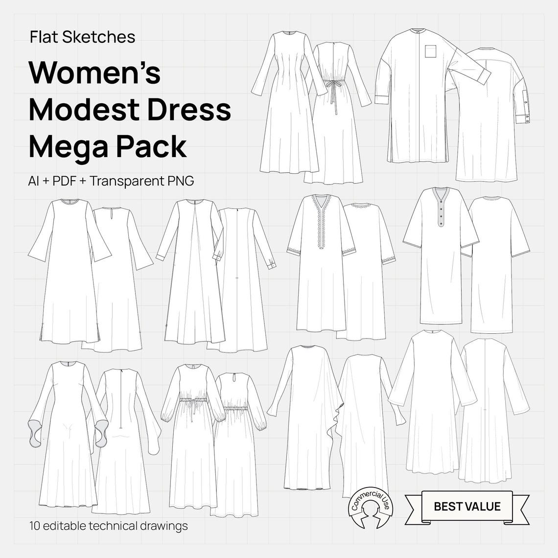 Modest Maxi Dress Fashion Technical Drawing Mockup: Editable Vector CAD ...