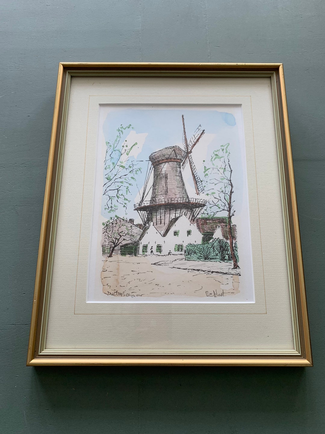 Vintage Framed Hand Coloured Engraving Dutch Windmill Signed Berkel - Etsy