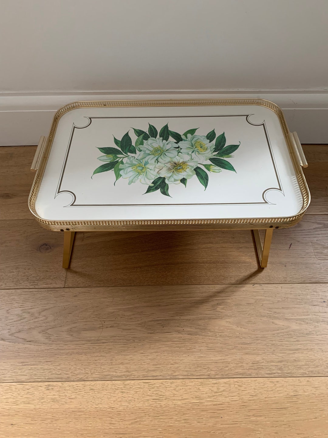 Vintage Bed Tray Gold Tone Metal Folding Legs Melamine Floral Base ...