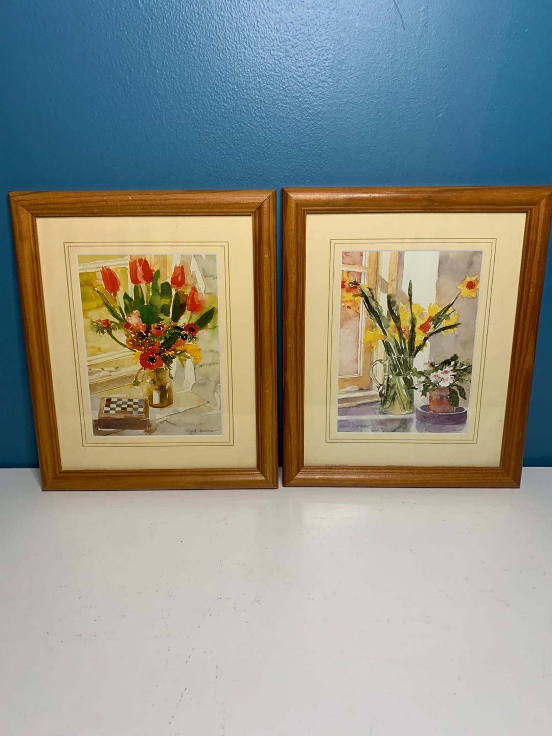 2 Framed Richard Ackerman Still Life Watercolour Prints Flowers in Vase ...