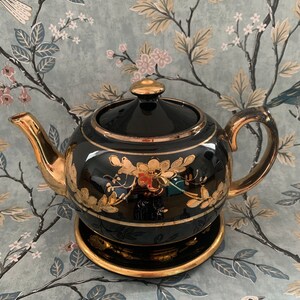 Vintage 1930s Wade Teapot With Stand Black and Gold Floral - Etsy