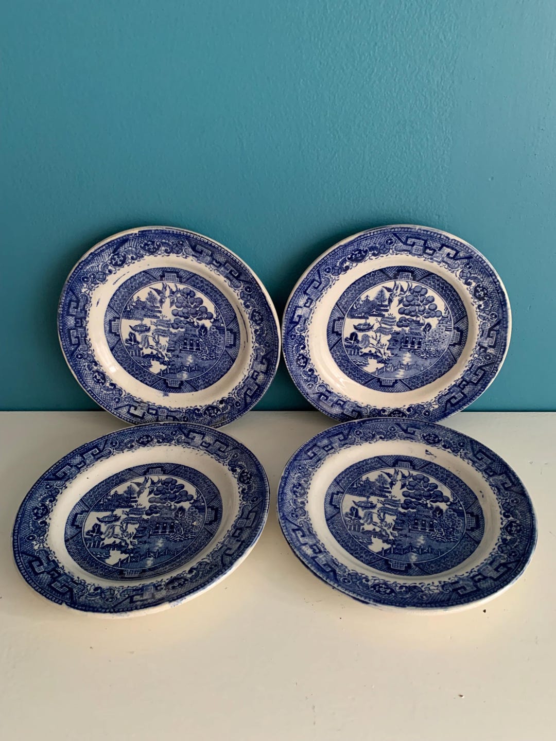 4 Vintage Antique Willow Pattern Side Tea Plate Blue and White Transfer ...