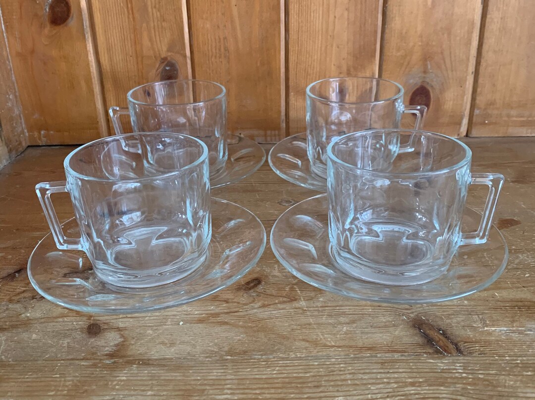 4 Vintage Arcoroc Clear Glass Cups and Saucers - Etsy