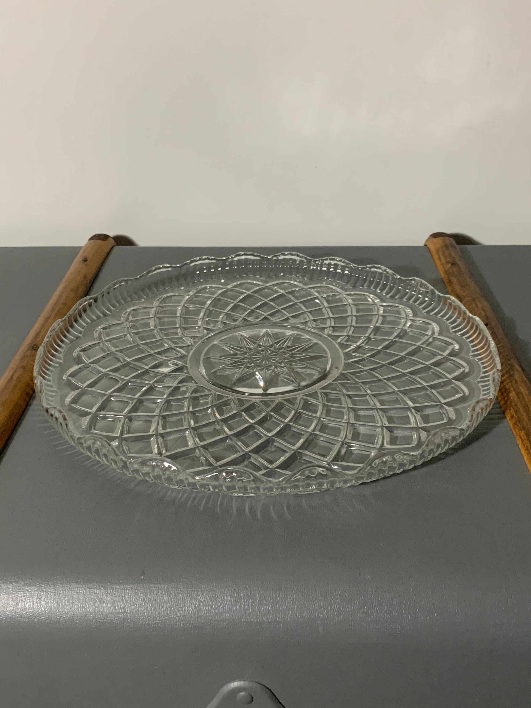 Vintage Pressed Glass Cake Display Plate With Scalloped Edge - Etsy