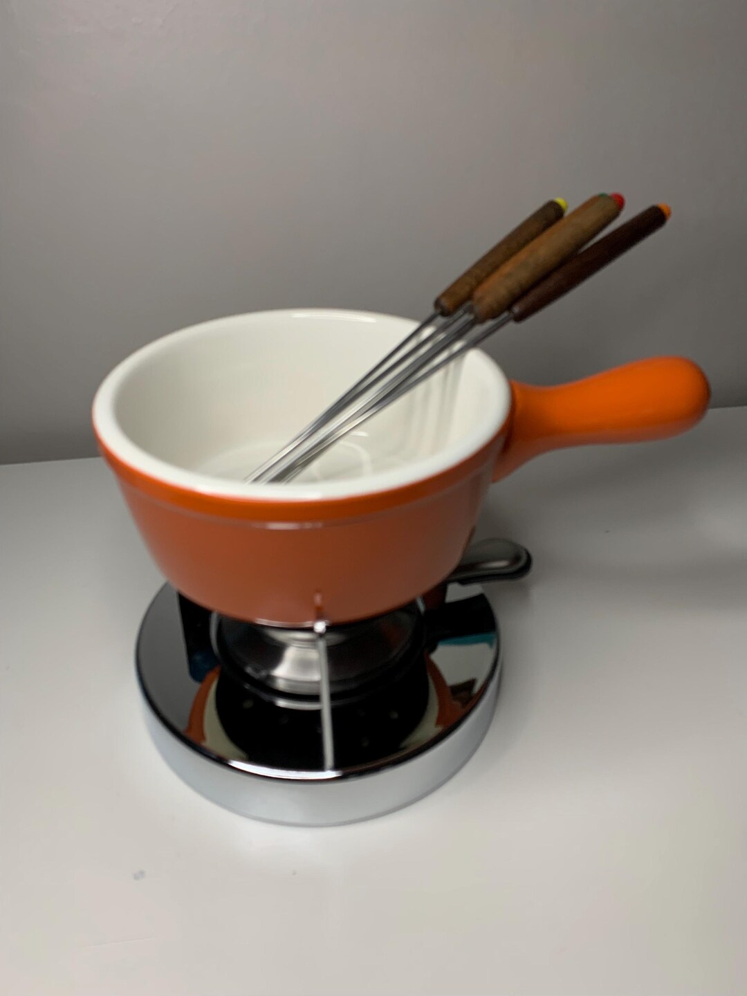 Vintage Ceramic Fondue Pan Set Pot Burner Stand Forks Retro - Etsy