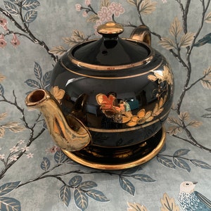 Vintage 1930s Wade Teapot With Stand Black and Gold Floral - Etsy