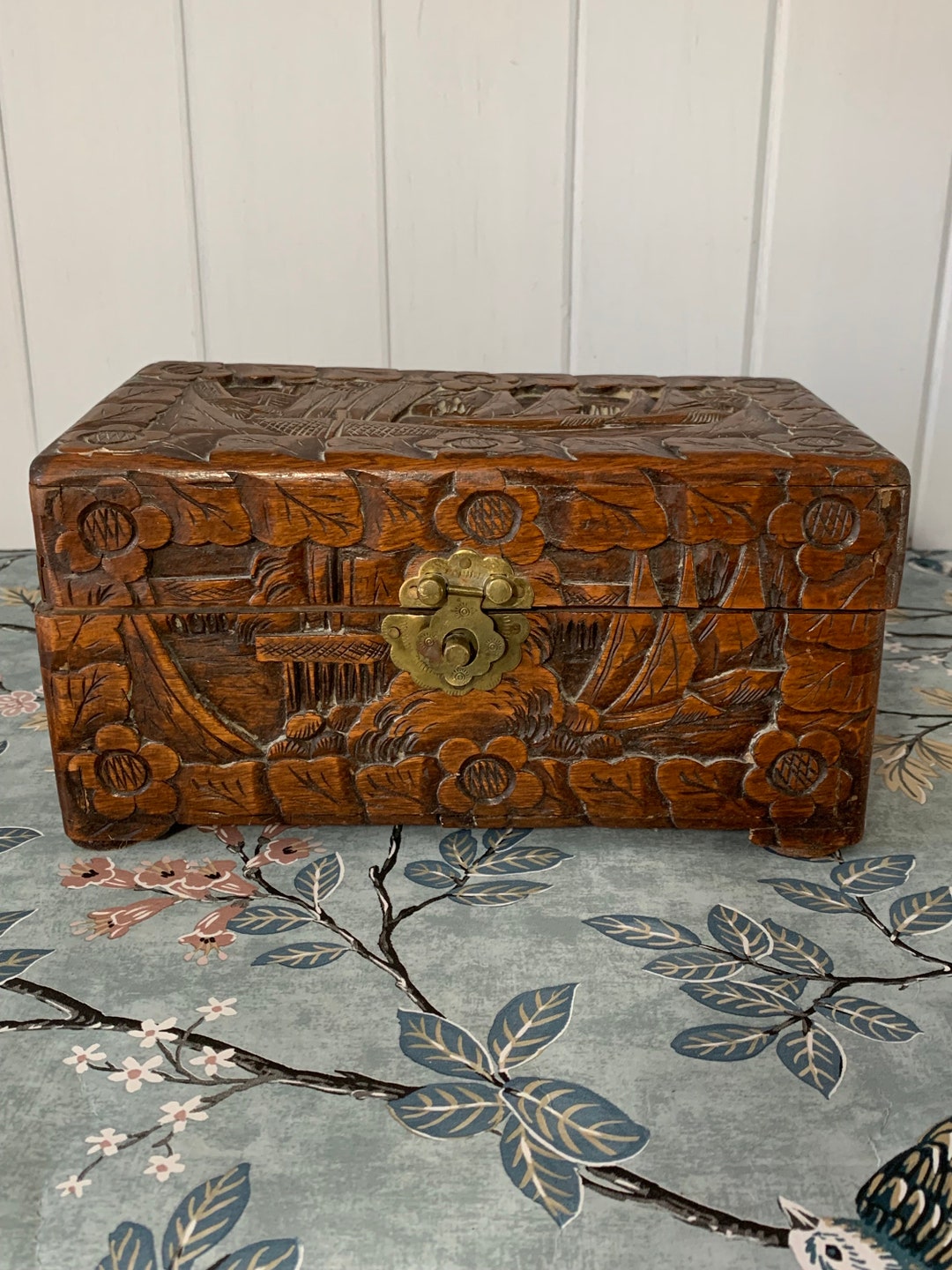 Vintage Orinetal Chinese Carved Wooden Chest Jewellery Box With Brass ...