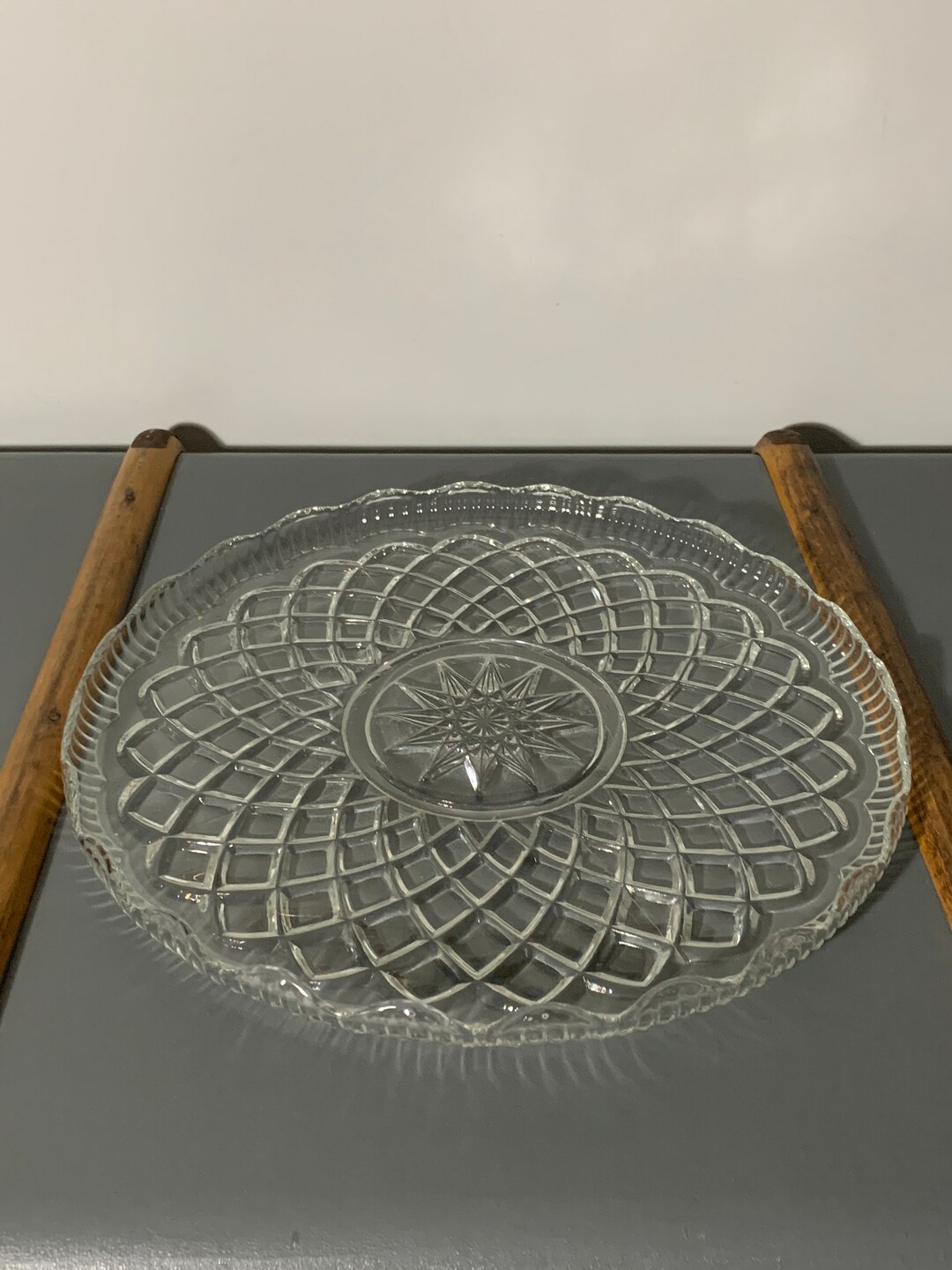 Vintage Pressed Glass Cake Display Plate With Scalloped Edge - Etsy