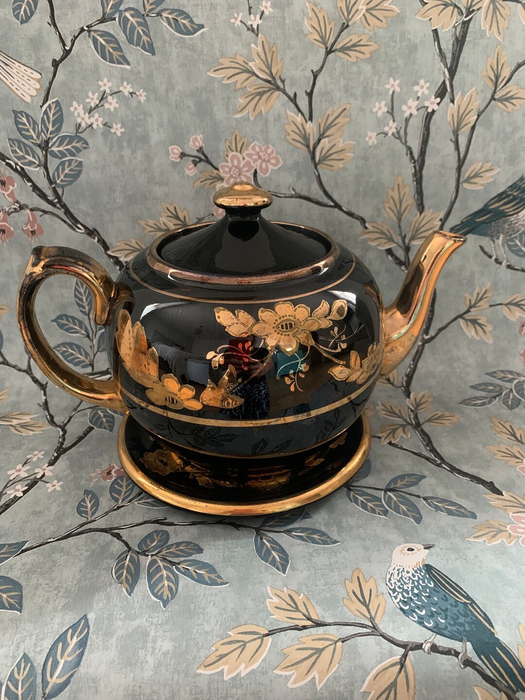 Vintage 1930s Wade Teapot With Stand Black and Gold Floral - Etsy