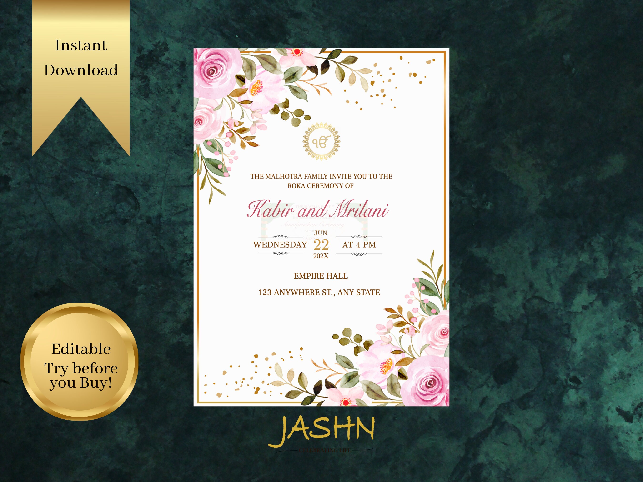 Editable Roka Ceremony Invitation Template Traditional Indian Sagai ...