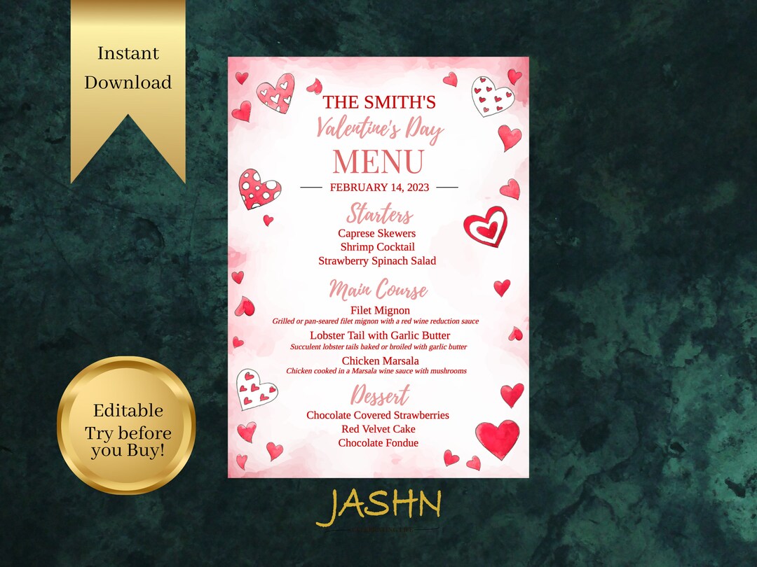 Editable Valentine's Day Dinner or Lunch Menu for Valentines or ...