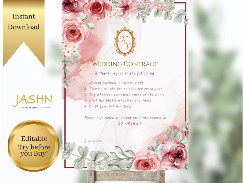 Editable Wedding Contract Sign: Red Floral Design (digital Download) - Etsy