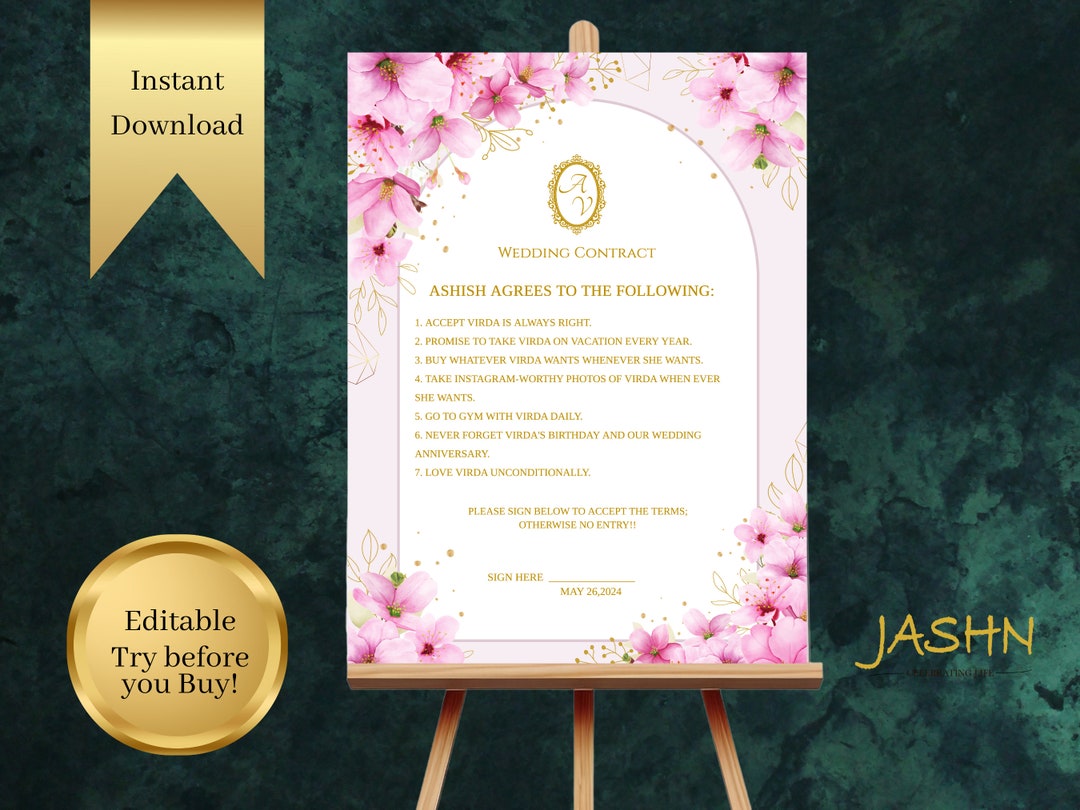 Editable Funny Wedding Contract Sign, Personalized Wedding Contract ...