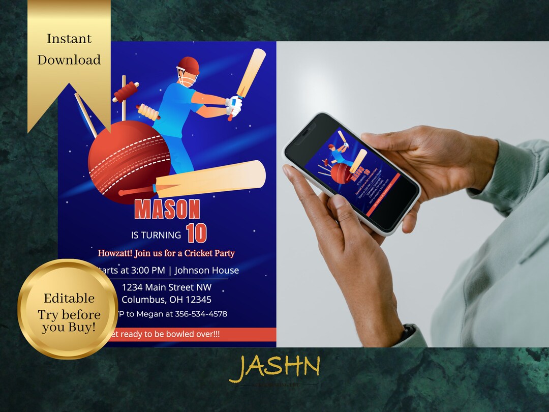 Editable Cricket Themed Birthday Party Watch Party Invitation Template ...