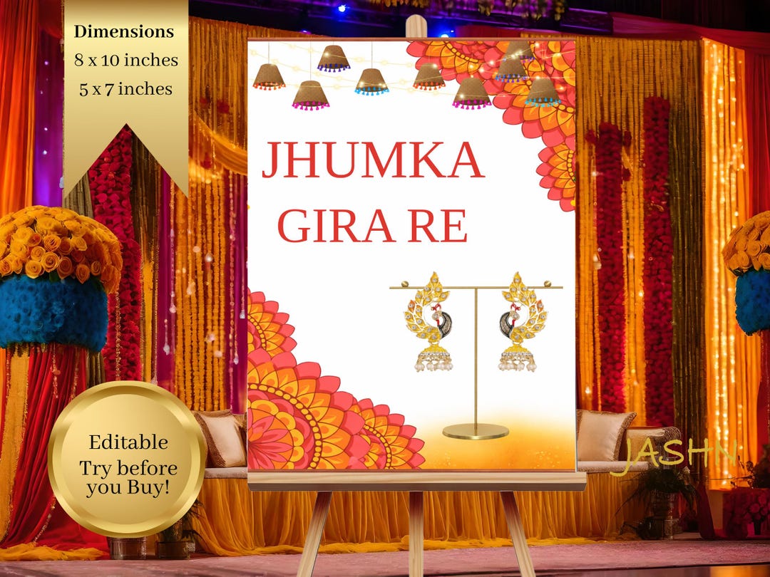 Editable Floral Jhumka Sign: Indian Wedding Sangeet Mehndi Decor ...