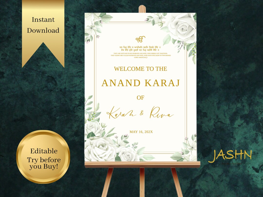 Elegant White Rose Anand Karaj Welcome Sign (digital Download) - Etsy