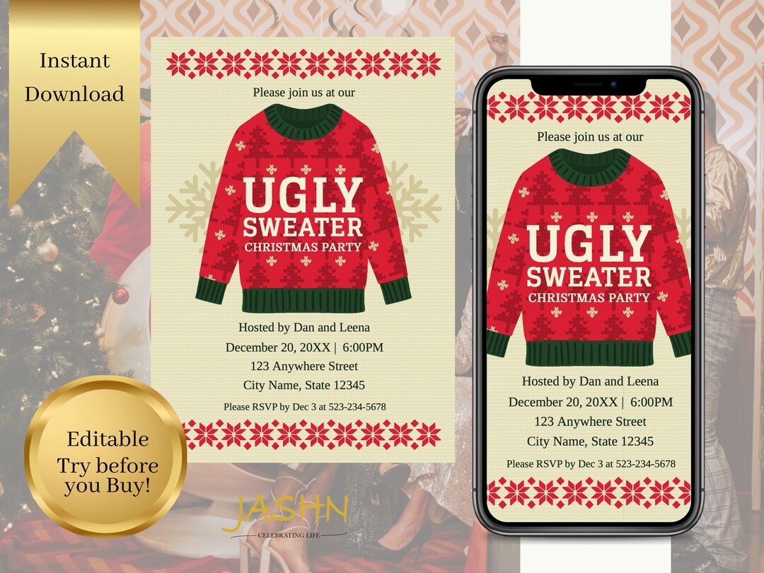 Editable Ugly Sweater Christmas Party Invitations Invitation - Etsy
