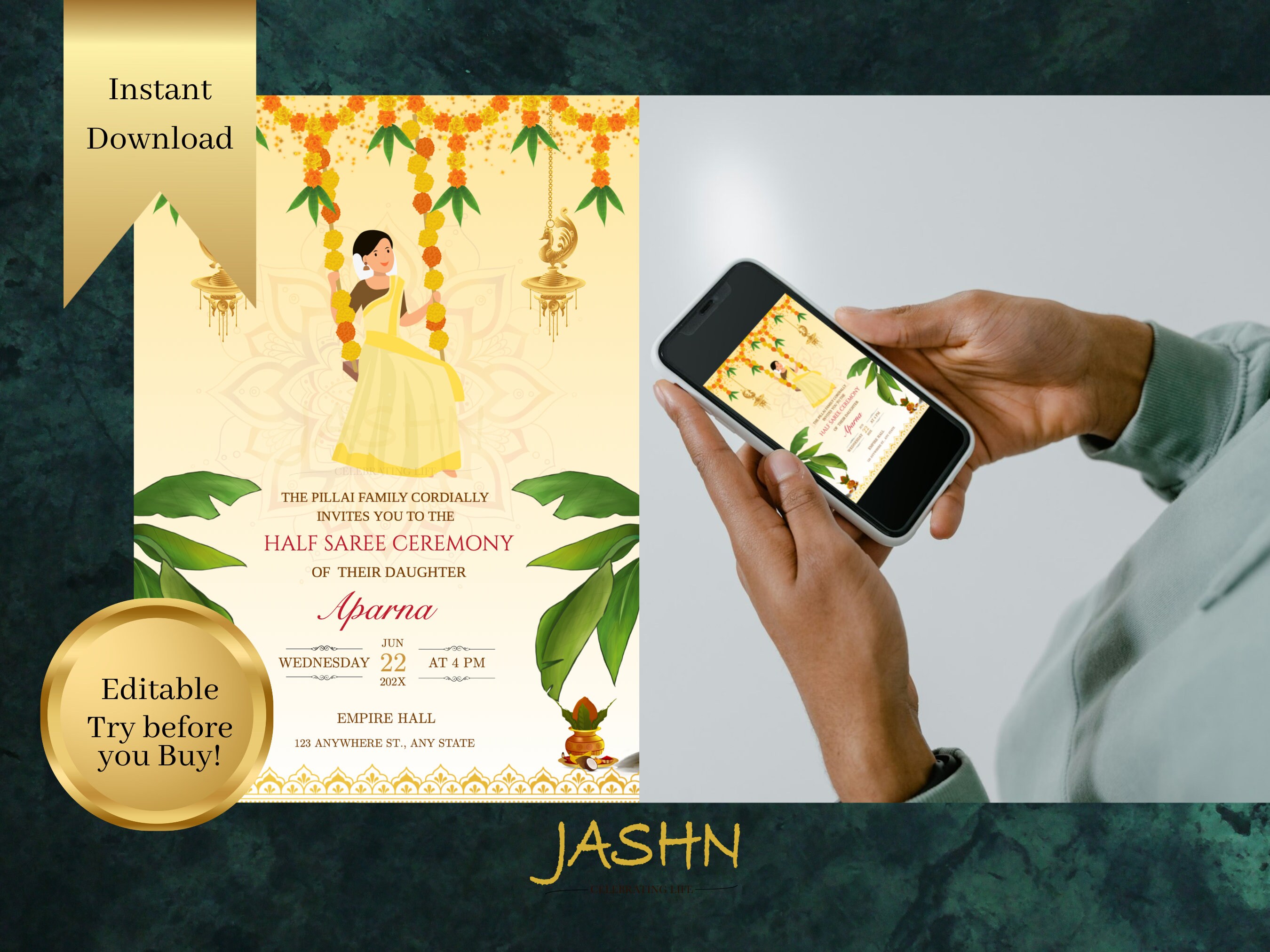 Editable Indian Half Saree Ceremony Invitation Template Traditional ...