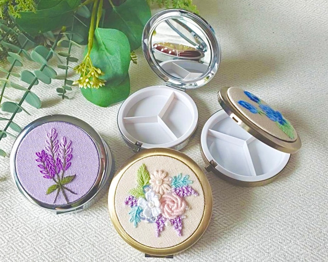 Floral Hand-embroidered Pill Box: Travel Organizer With Mirror - Etsy