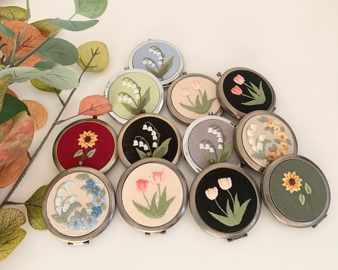 Floral Hand-embroidered Pocket Mirror Compact Mirror Bridesmaid Gift ...