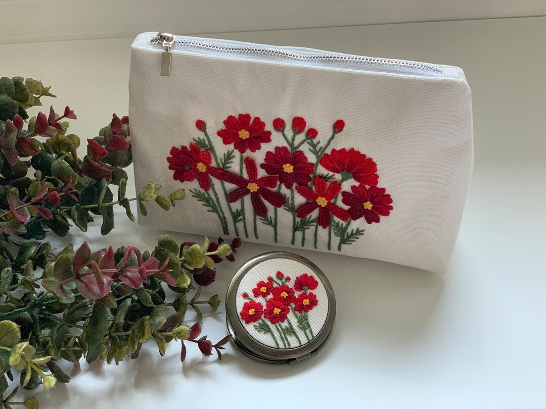 OCTOBER Cosmos Hand-embroidered Makeup Bag and Pocket Mirror ...