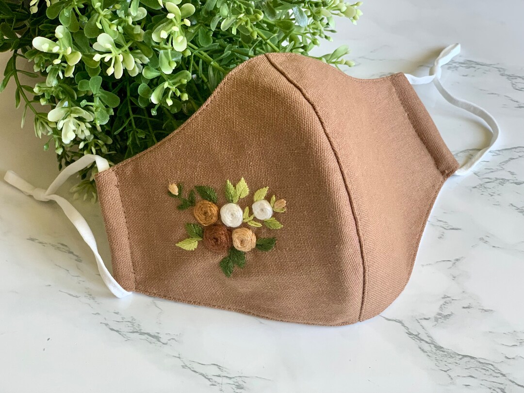 Embroidered Daisy Linen Face Mask, Linen Face Mask, Four-layered ...