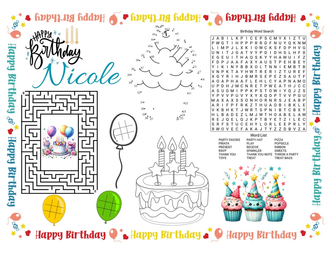 Customizable Birthday Activity Sheet - Etsy