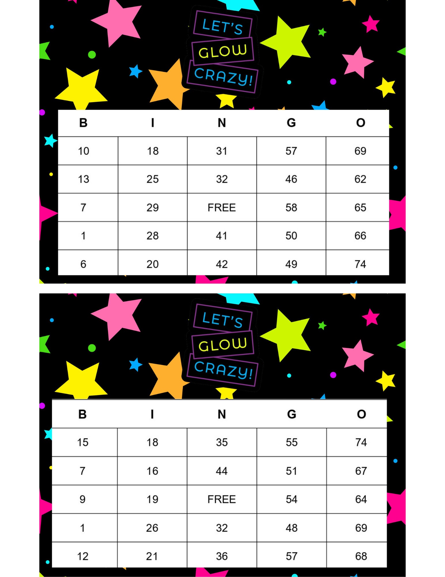 Glow in the Dark Theme Bingo Cards - Set of 20; Let's Glow Crazy!! - Etsy